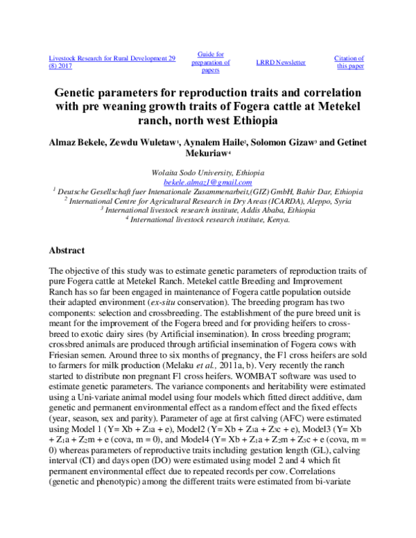Doc Genetic Parameters For Reproduction Traits And Correlation With