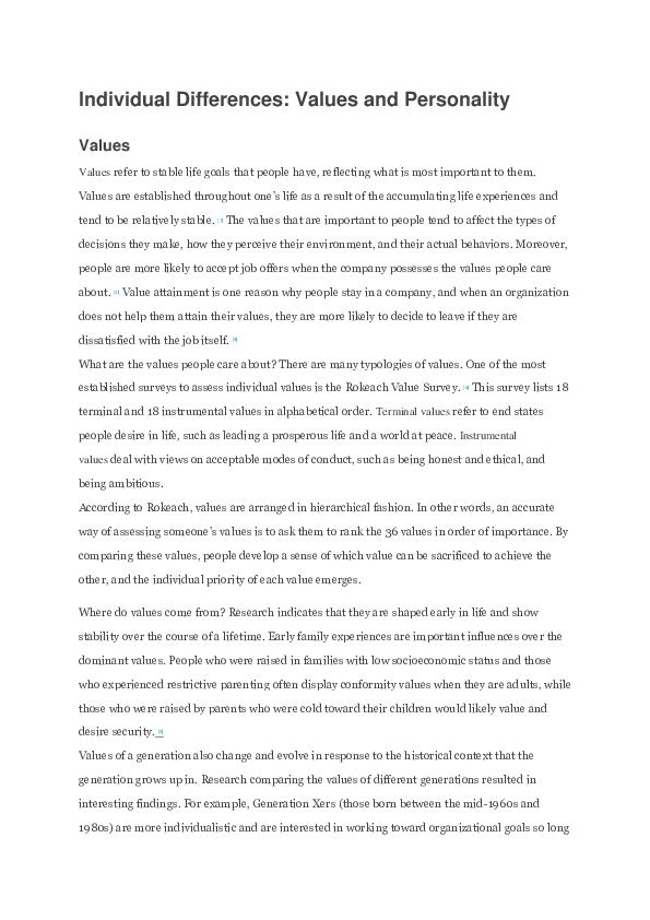 (DOC) Individual Differences: Values and Personality Values