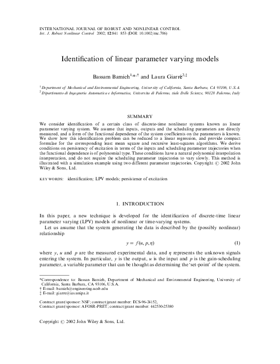 (PDF) Identification of linear parameter varying models