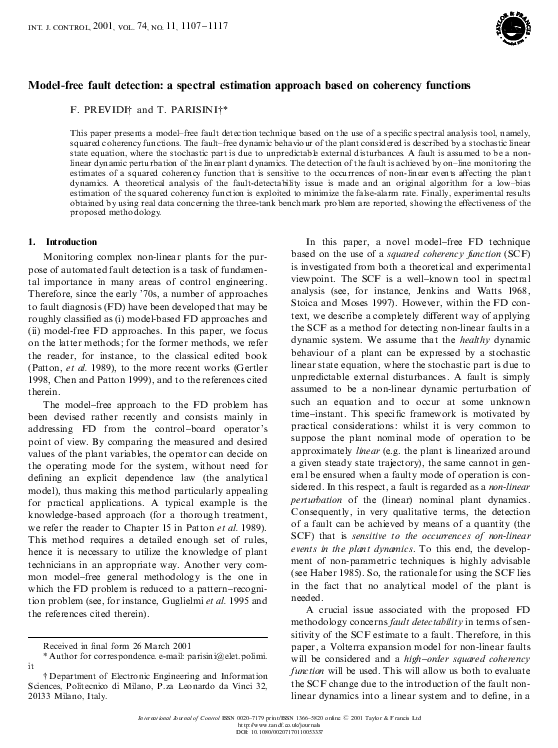 Pdf Model Free Fault Detection A Spectral Estimation Approach Based On Coherency Functions