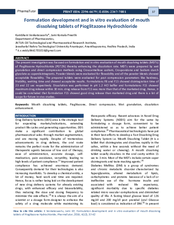 Pdf Formulation Development And In Vitro Evaluation Of Mouth Dissolving Tablets Of