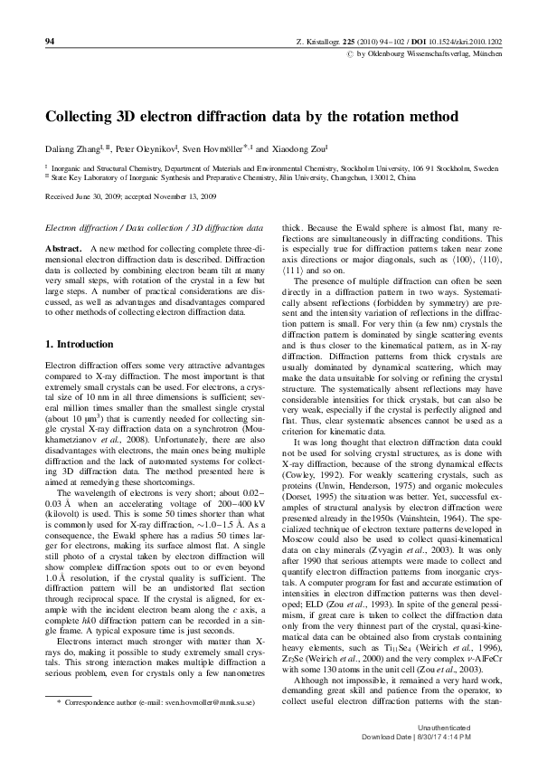 (PDF) Collecting 3D electron diffraction data by the rotation method