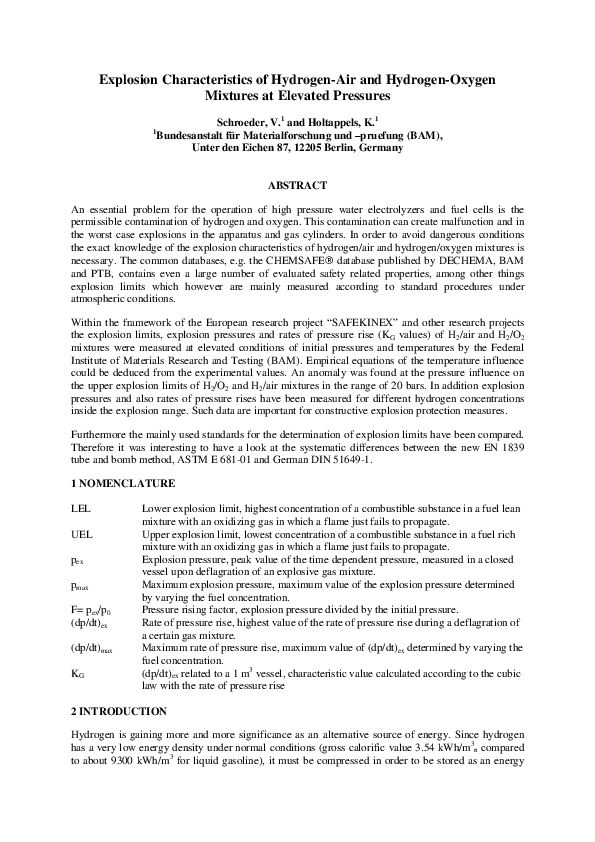 (PDF) Explosion Characteristics of Hydrogen-Air and Hydrogen-Oxygen ...