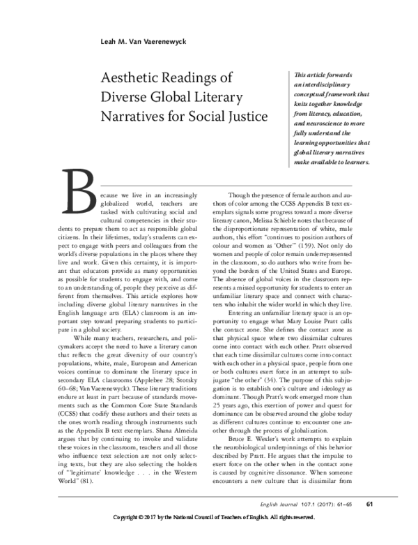 (PDF) Aesthetic Readings of Diverse Global Literary Narratives for ...
