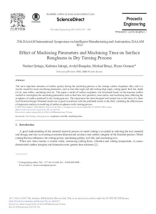 (PDF) Effect of Machining Parameters and Machining Time on Surface Roughness in Dry Turning Process