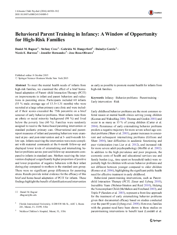 (PDF) Behavioral Parent Training in Infancy: A Window of Opportunity ...