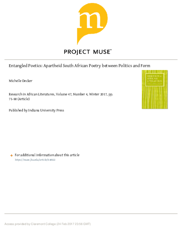 (PDF) Entangled Poetics: Apartheid South African Poetry between ...