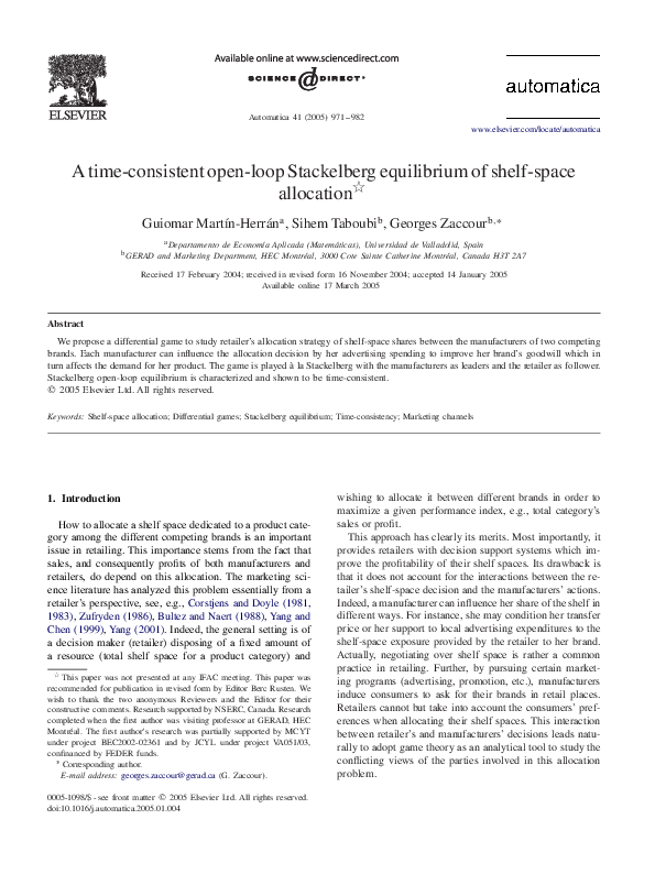 Pdf A Time Consistent Open Loop Stackelberg Equilibrium Of Shelf Space Allocation