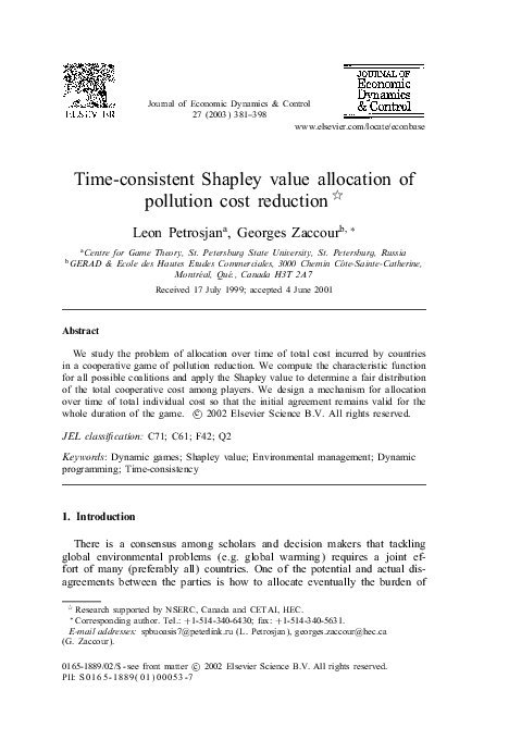 (PDF) Time-consistent Shapley value allocation of pollution cost reduction