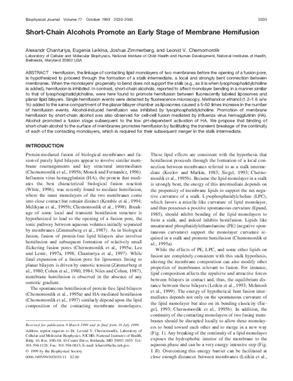 (PDF) Short-Chain Alcohols Promote an Early Stage of Membrane Hemifusion