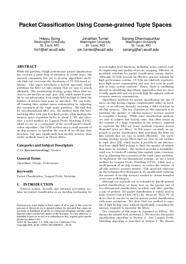 Pdf Packet Classification Using Coarse Grained Tuple Spaces