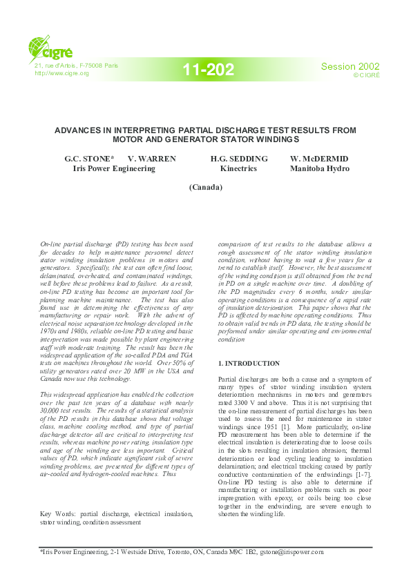 Pdf Advances In Interpreting Partial Discharge Test Results From Motor And Generator Stator