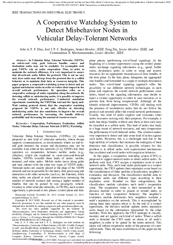 (PDF) A Cooperative Watchdog System to Detect Misbehavior Nodes in Vehicular Delay-Tolerant Networks