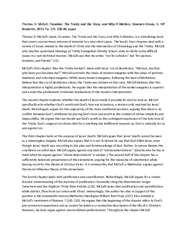 (DOC) Review of Thomas H. McCall, Forsaken: The Trinity and the Cross ...