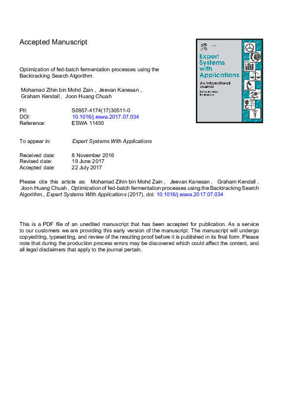 Pdf Optimization Of Fed Batch Fermentation Processes Using The Backtracking Search Algorithm