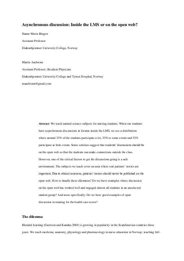 (PDF) Asynchronous discussion: Inside the LMS or on the Open Web?