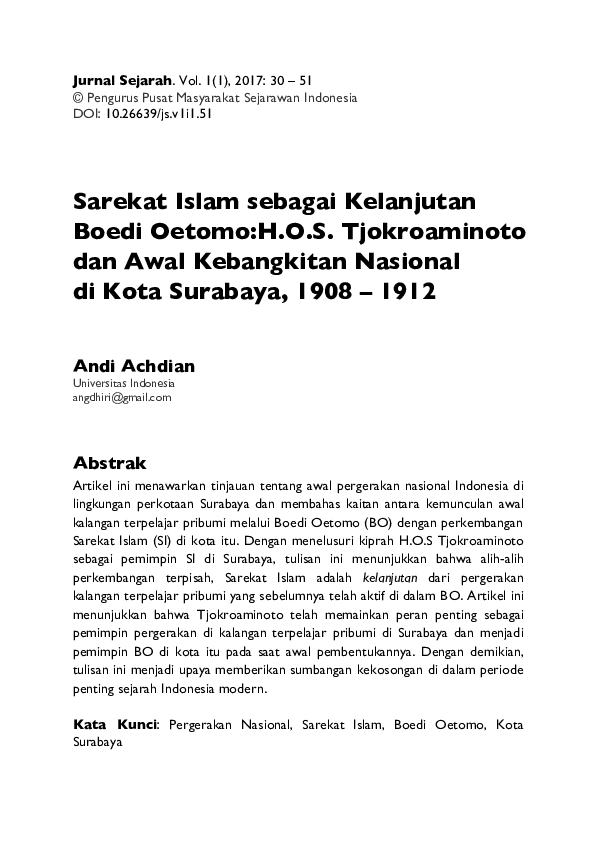 (PDF) Sarekat Islam sebagai Kelanjutan Boedi Oetomo:H.O.S. Tjokroaminoto dan Awal Kebangkitan ...