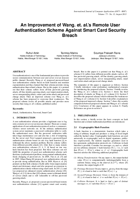 (PDF) An Improvement of Wang. et. al. 's Remote User Authentication Scheme against Smart Card ...