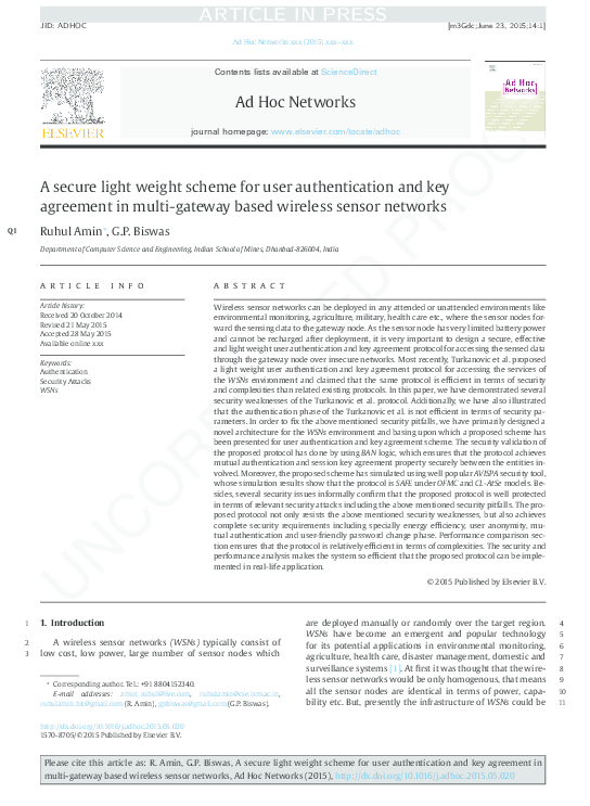 (PDF) A Secure Light Weight Scheme for User Authentication and Key Agreement in Multi-gateway ...