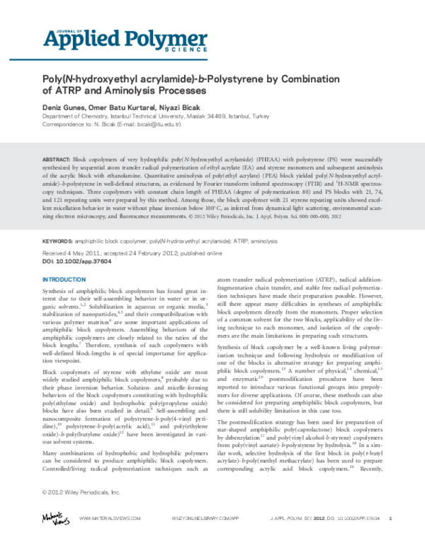 (PDF) Poly( N -hydroxyethyl acrylamide)- b -polystyrene by combination ...