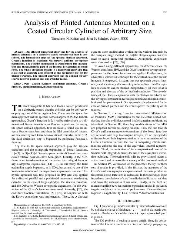 (PDF) Analysis of Printed Antennas Mounted on a Coated Circular Cylinder of Arbitrary Size
