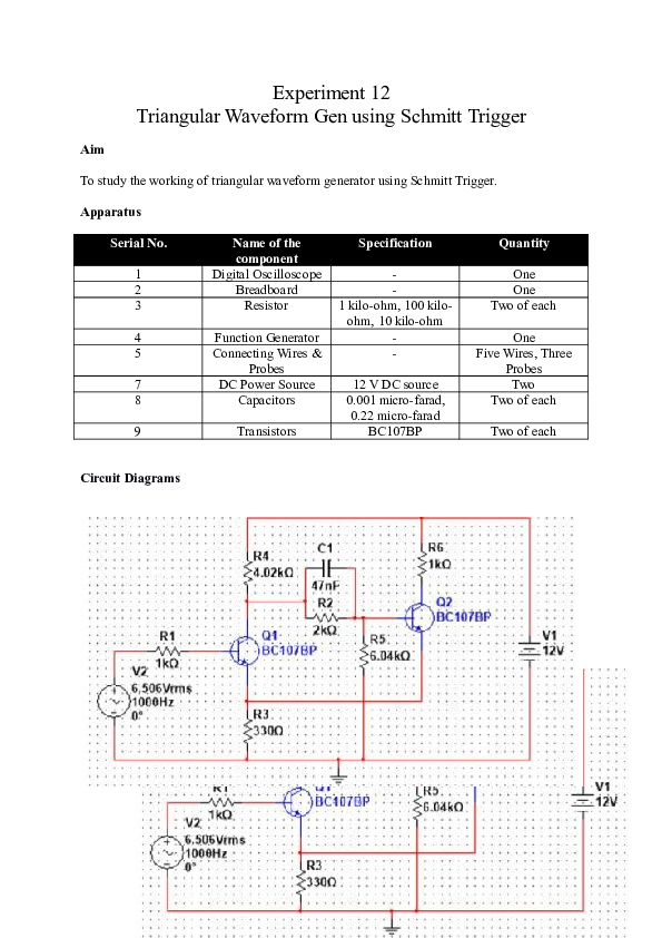 (DOC) Experiment 12 Triangular Waveform Gen using Schmitt Trigger (DOC) Experiment 12 Triangular Waveform Gen using Schmitt Trigger