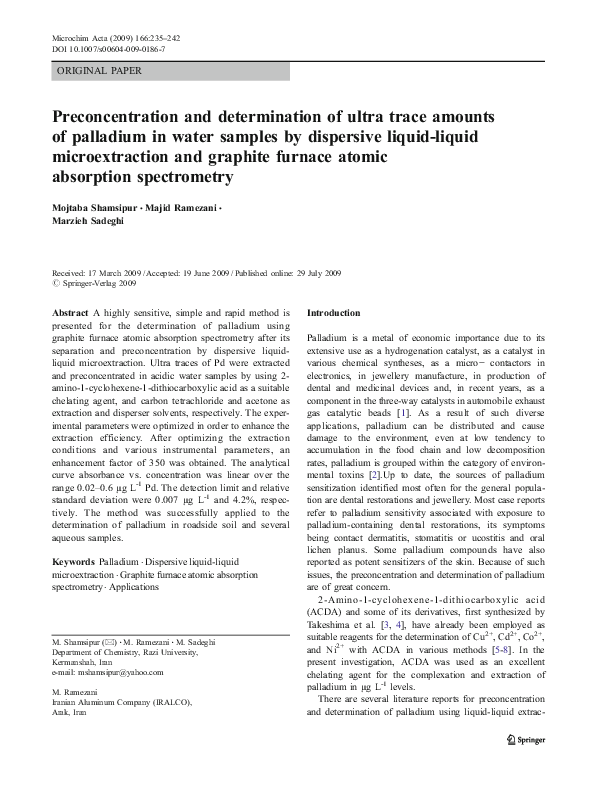 Pdf Preconcentration And Determination Of Ultra Trace Amounts Of Palladium In Water Samples By