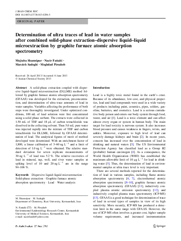 Pdf Determination Of Ultra Traces Of Lead In Water Samples After Combined Solid Phase