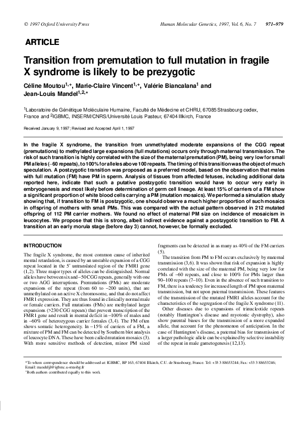 Pdf Transition From Premutation To Full Mutation In Fragile X