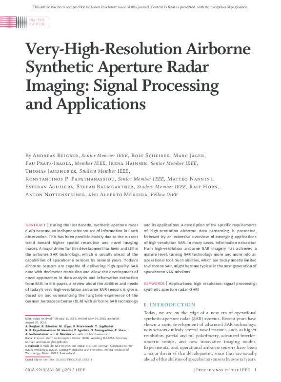 (PDF) Very-High-Resolution Airborne Synthetic Aperture Radar Imaging: Signal Processing and ...