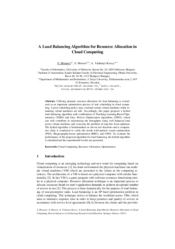 Pdf A Load Balancing Algorithm For Resource Allocation In Cloud Computing