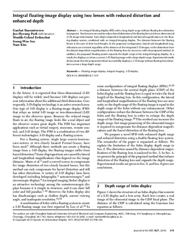 (PDF) Integral floating-image display using two lenses with reduced distortion and enhanced depth