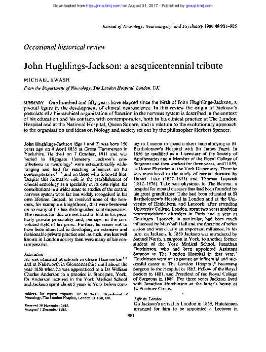 (PDF) John Hughlings-Jackson: a sesquicentennial tribute