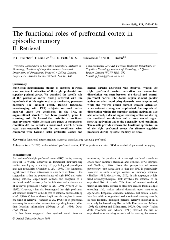 (PDF) The functional roles of prefrontal cortex in episodic memory. I. Encoding