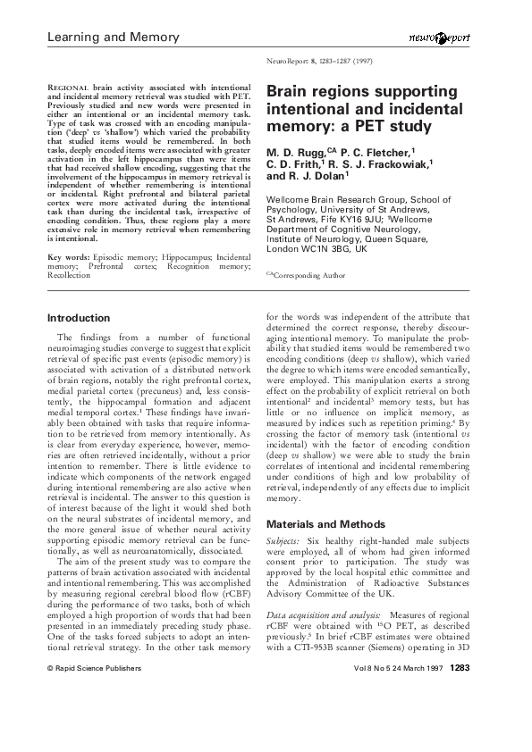 (PDF) Brain regions supporting intentional and incidental memory
