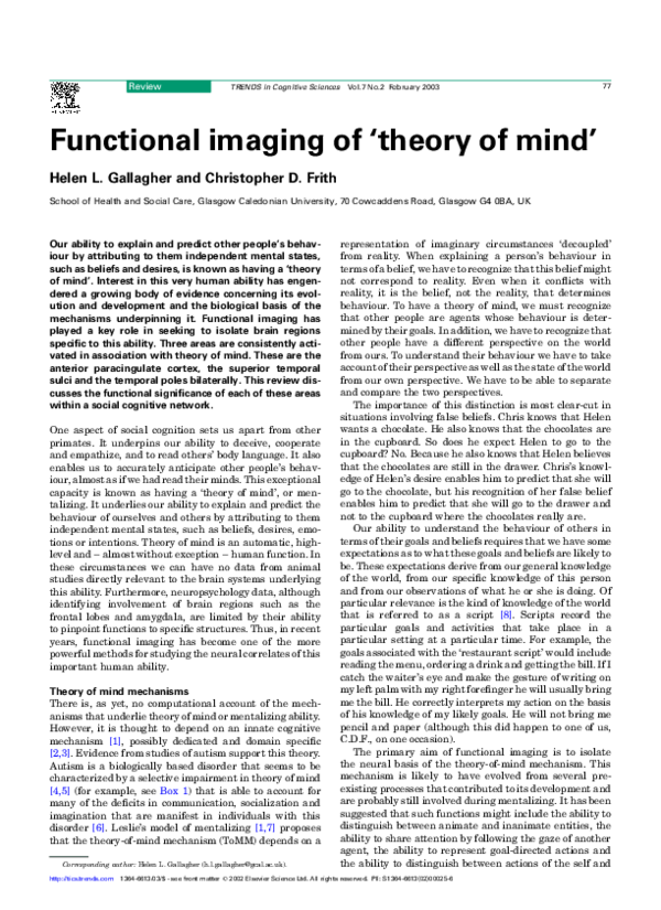 (PDF) Functional imaging of ‘theory of mind’