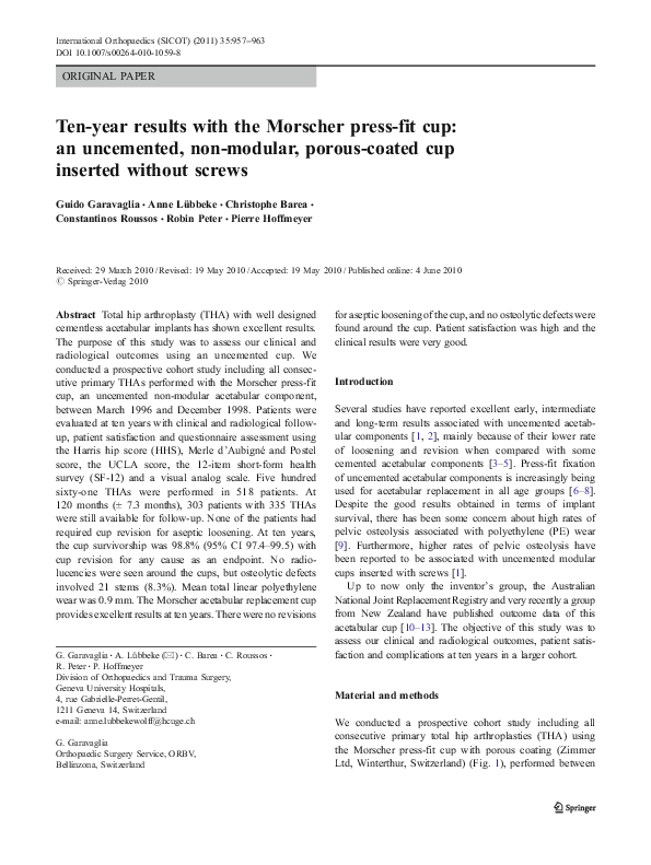 (PDF) Ten-year results with the Morscher press-fit cup: an uncemented ...