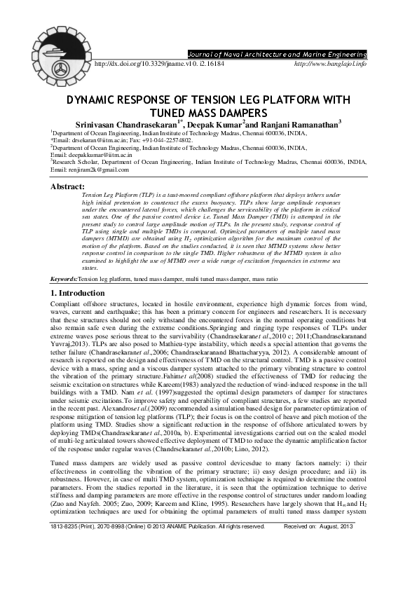 (PDF) Dynamic response of tension leg platform with tuned mass dampers