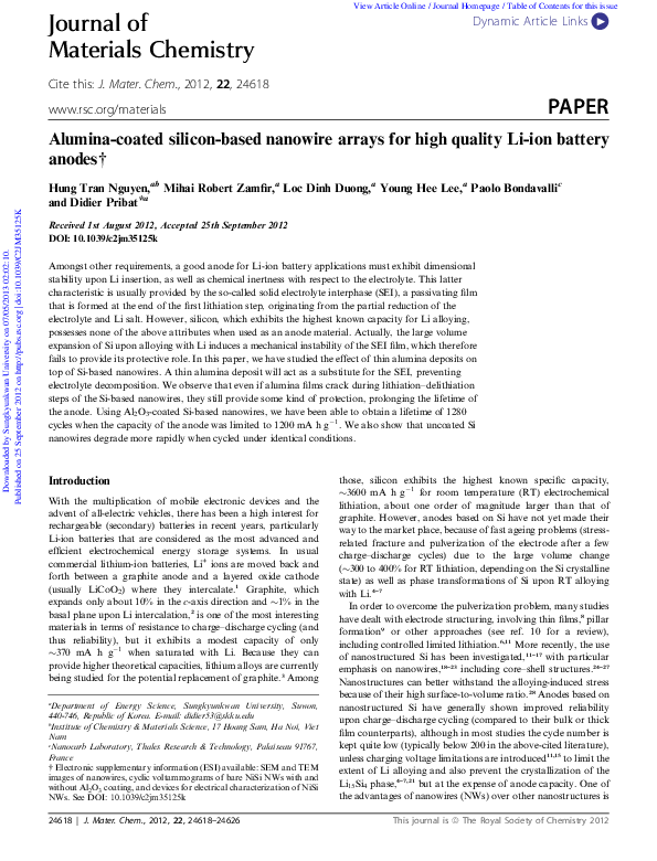 (PDF) Alumina-coated silicon-based nanowire arrays for high quality Li-ion battery anodes