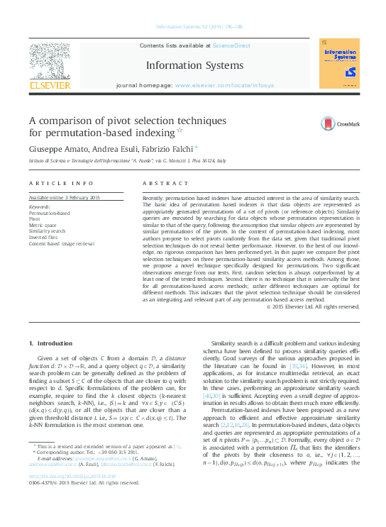 Pdf A Comparison Of Pivot Selection Techniques For Permutation Based Indexing