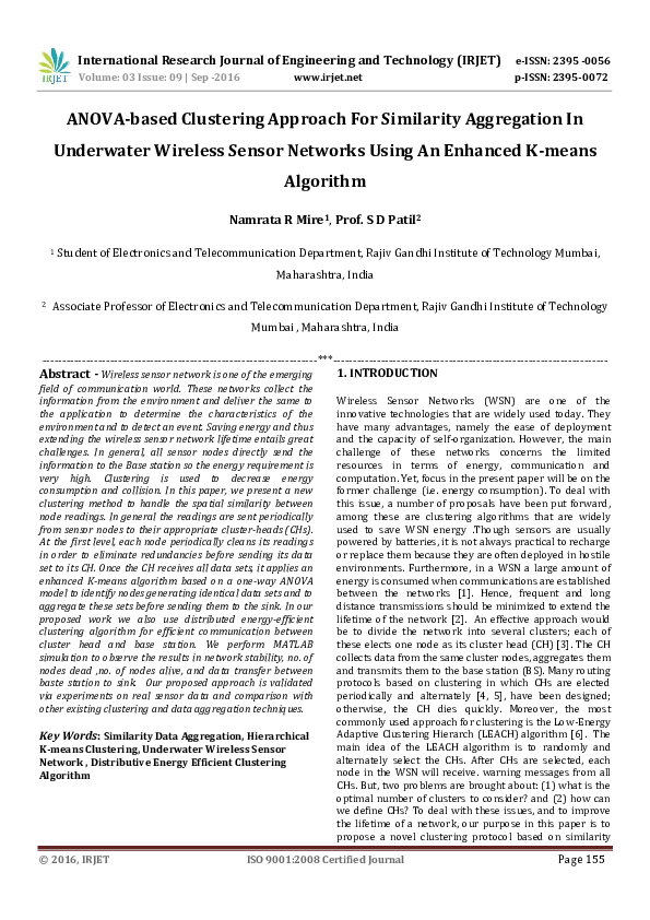 Pdf Anova Based Clustering Approach For Similarity Aggregation In Underwater Wireless Sensor