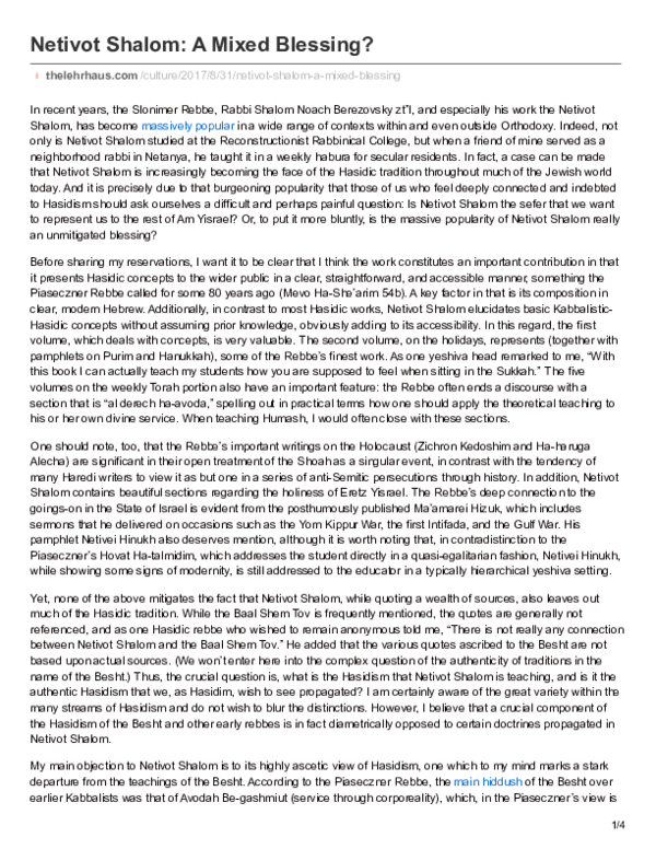 (PDF) Netivot Shalom: A Mixed Blessing