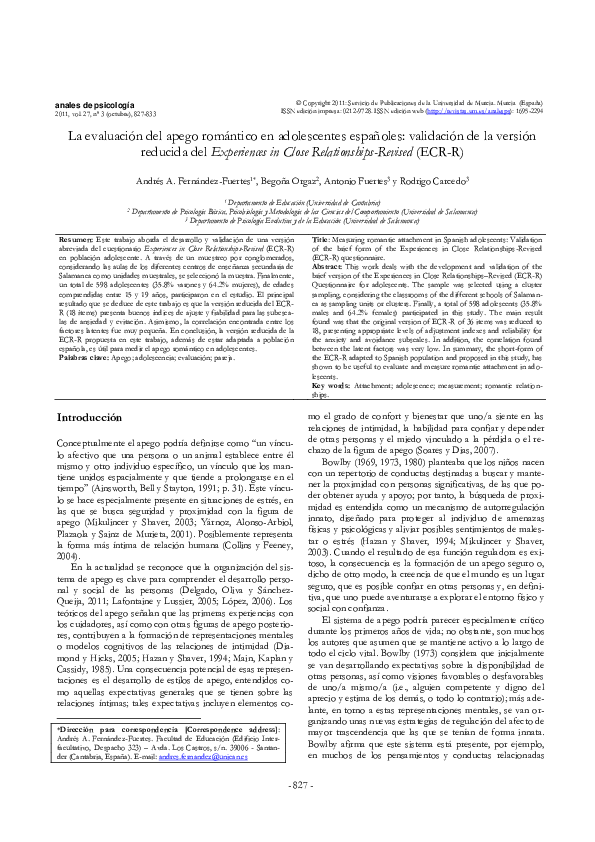 (PDF) Measuring romantic attachment in Spanish adolescents: Validation ...