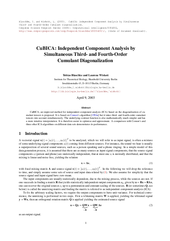 (PDF) CuBICA: Independent Component Analysis by Simultaneous Third- and Fourth-Order Cumulant ...