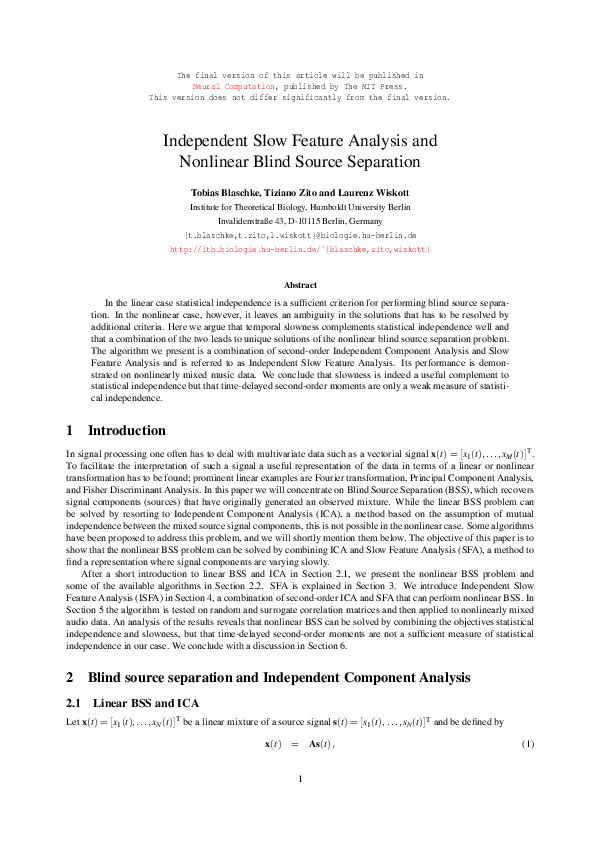 Pdf Nonlinear Blind Source Separation By Integrating Independent Component Analysis And Slow