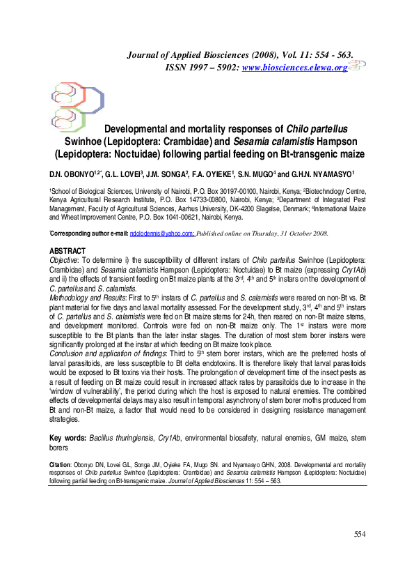 Pdf Instar Susceptibility Of Stem Borers To Bt Maize