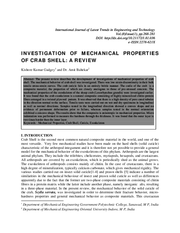(PDF) INVESTIGATION OF MECHANICAL PROPERTIES OF CRAB SHELL: A REVIEW