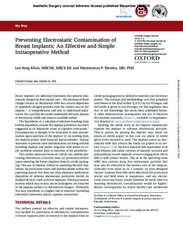 (PDF) Preventing Electrostatic Contamination of Breast Implants: An ...