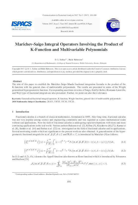 Pdf Marichev Saigo Integral Operators Involving The Product Of K Function And Multivariable