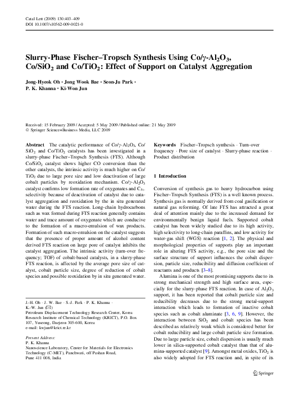 (PDF) Slurry-Phase Fischer–Tropsch Synthesis Using Co/γ-Al2O3, Co/SiO2 ...